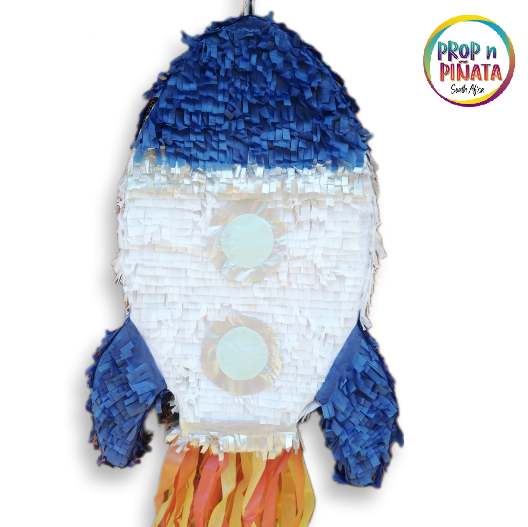 Blue and White Rocketship Birthday Party Pinata with Stick - South Africa